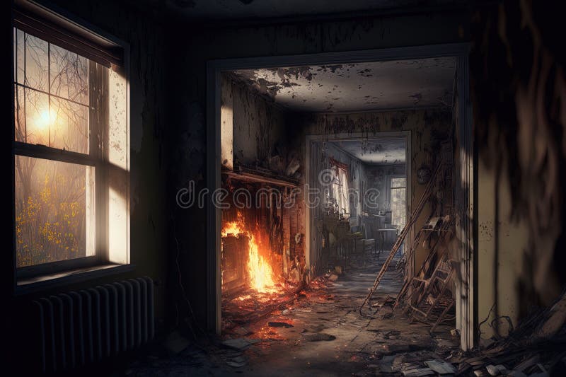 Interior of a Home Damaged by Fire Stock Illustration - Illustration of ...