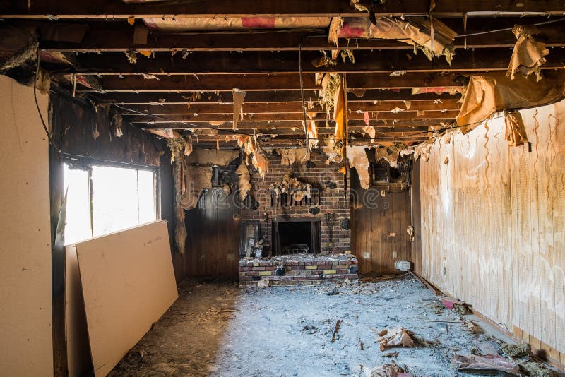 Fire Damaged Home stock photo. Image of plant, board - 99335682