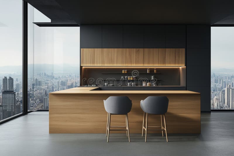 Light Kitchen Interior Bar Island Shelves Panoramic Window Stock Photos ...