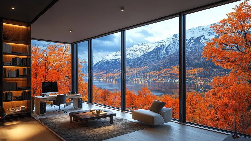 An Interior Home Office Setup Featuring a Computer Desk with a Backdrop ...