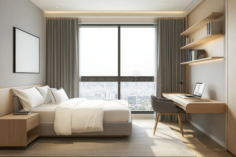 The Interior of a Hotel Bedroom is Light and Airy with a Bed and ...