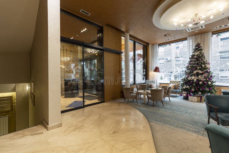 Interior of a Hotel Lobby Cafe with Decorated Christmas Tree Editorial ...