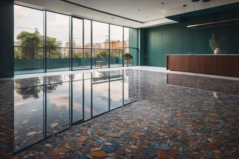 Interior of a Hotel Lobby with Marble Floor and Colorful Wall Tiles. Ai ...