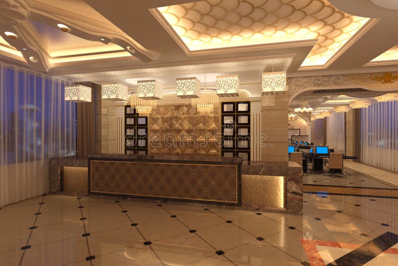 Interior of Hotel Reception Hall 3D Illustration Stock Illustration ...