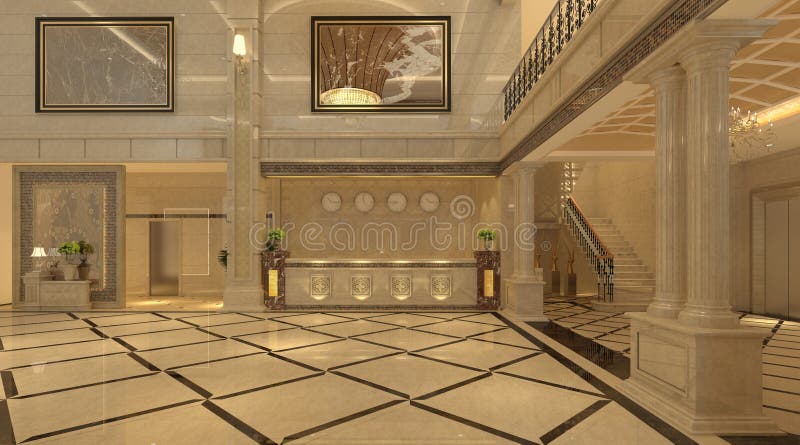Interior of Hotel Reception Hall 3D Illustration Stock Illustration ...
