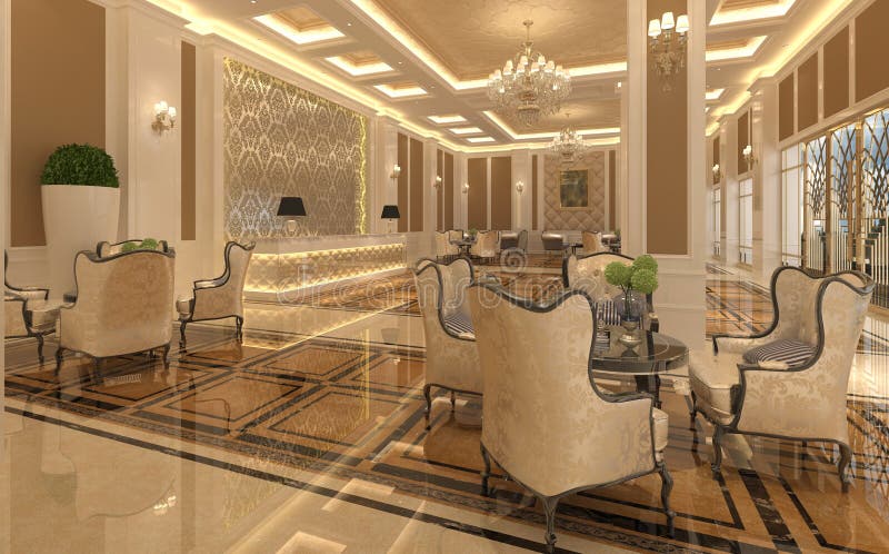 Interior of Hotel Reception Hall 3D Illustration Stock Illustration ...