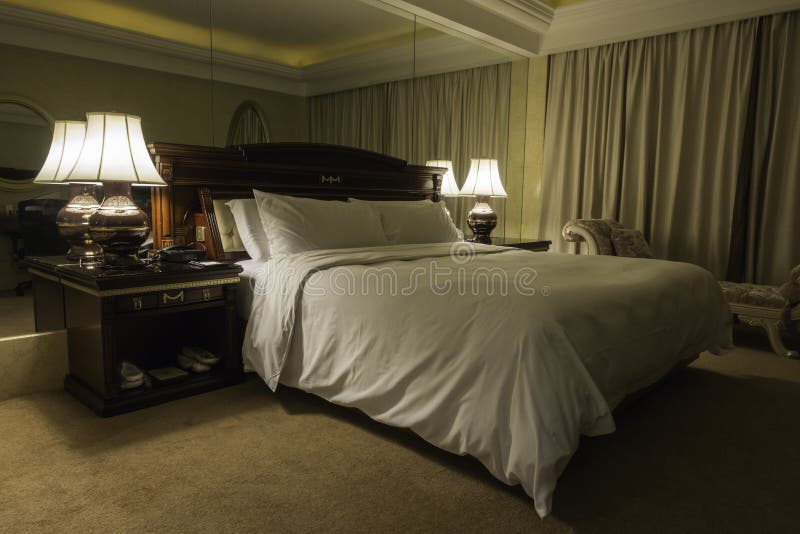 Interior of a Hotel Room with Night Light Stock Photo - Image of ...