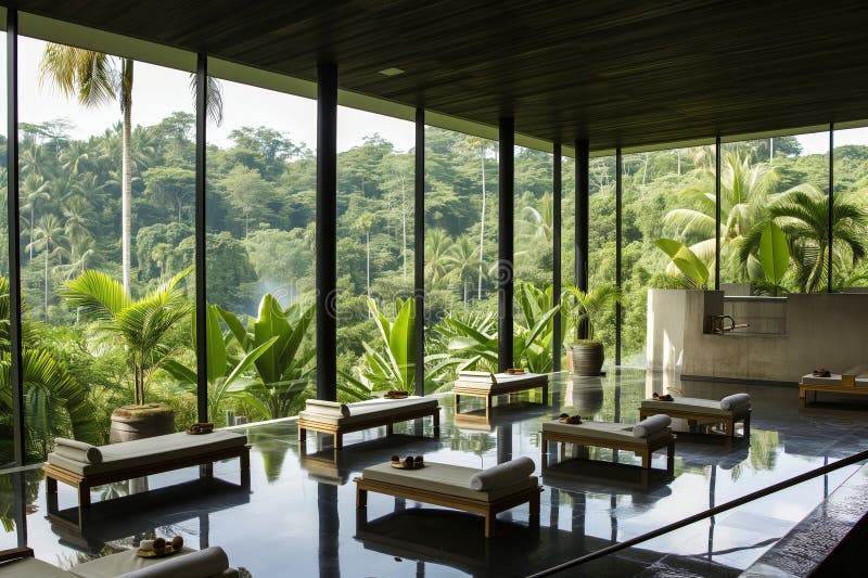 Interior of a Hotel Spa with Floortoceiling Windows Overlooking the ...