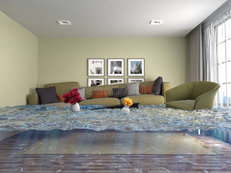 Interior of the House Flooded with Water. 3d Illustration Stock ...
