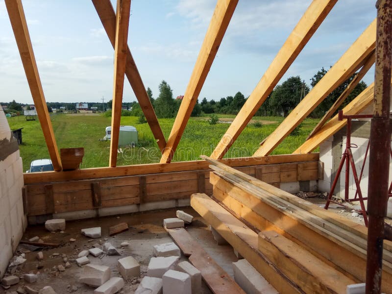 Interior of House Under Construction. Stock Image - Image of rafters ...