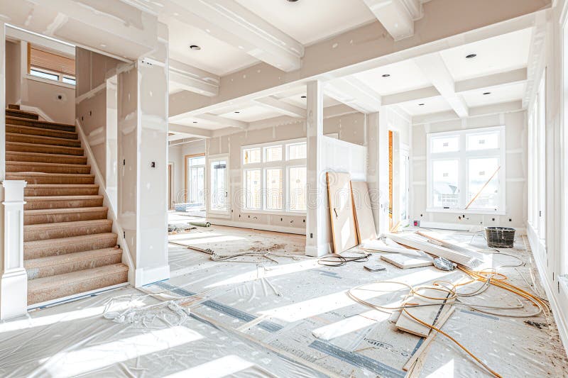 Interior of a House Under Construction with Drywall Installation and ...