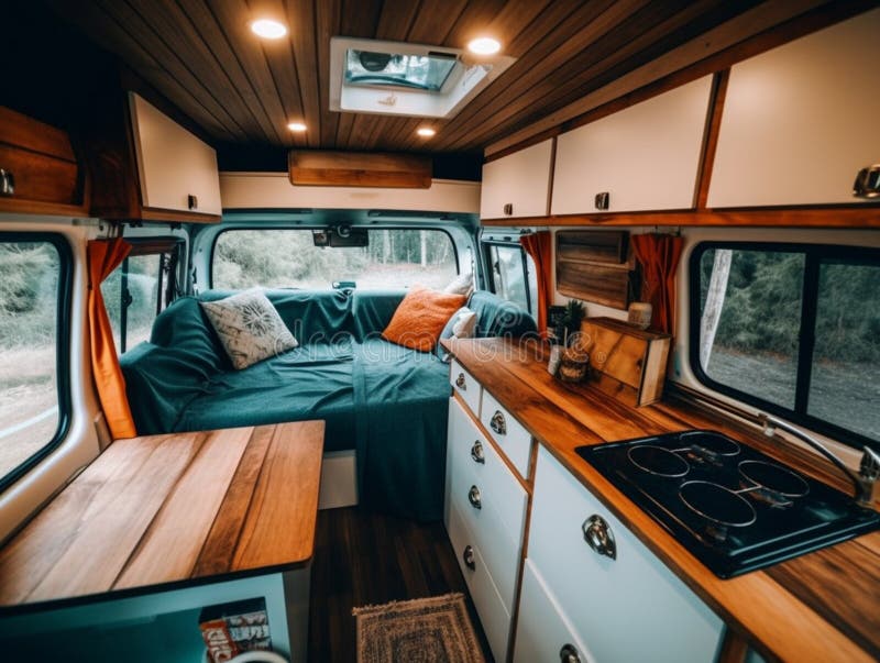 Interior Illustration of a Camper Van. Basic Furniture and Basic Needs are Provided Stock ...