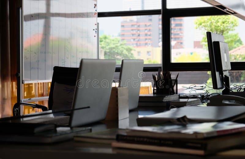 Interior of a Modern Office with Computers and Documents on the Table ...