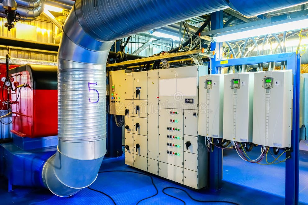 Interior of Industrial Gas Boiler Room with Boilers and Control Panel ...