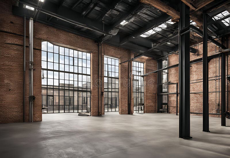 Interior of Industrial Warehouse with Large Windows and Brick Walls. 3d ...