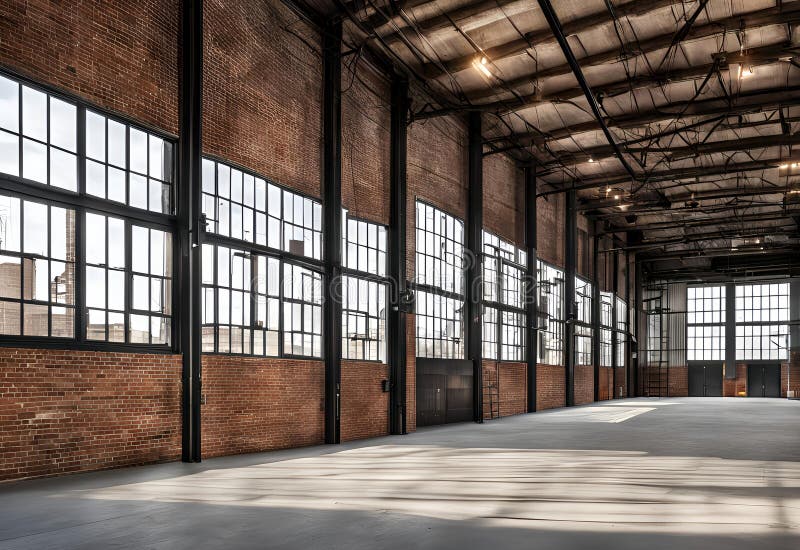 Interior of Industrial Warehouse with Large Windows and Brick Walls. 3d ...