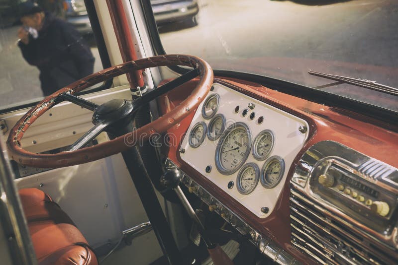 Interior Inside Retro Bus Cabin. Toned. Stock Photo - Image of restored ...