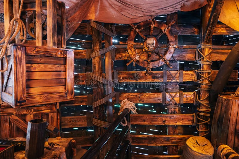 Interior of Captain Cabin Bedroom on Medieval Pirate Ship. Inside ...