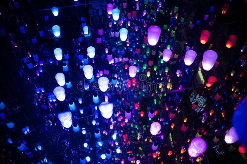 Interior Installation with Neon Lights Reflecting in Mirrors Stock ...