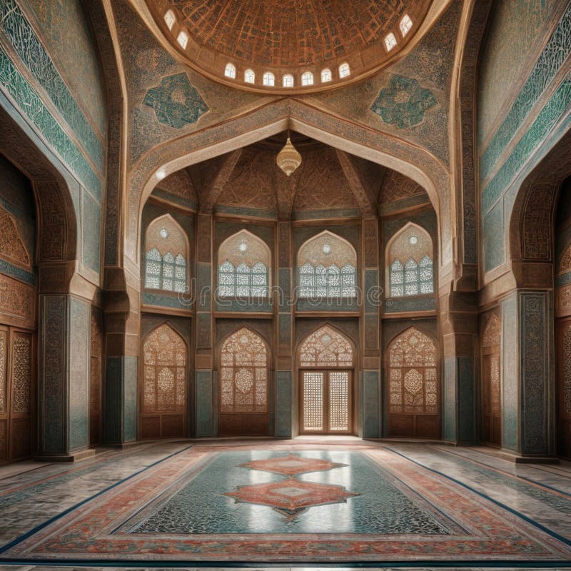 Interior of Islamic mosque stock illustration. Illustration of lights ...