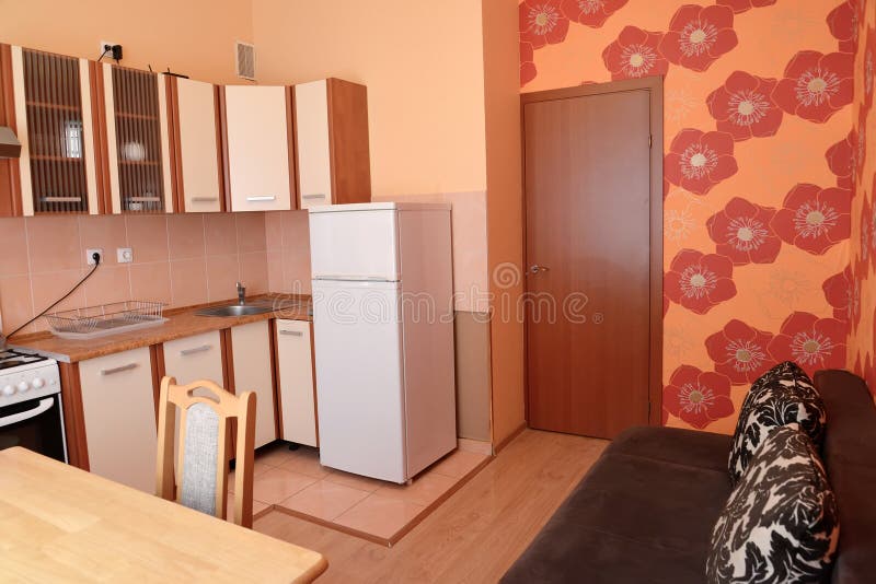 Interior of Kitchen with Bright Wall-paper Stock Image - Image of color ...