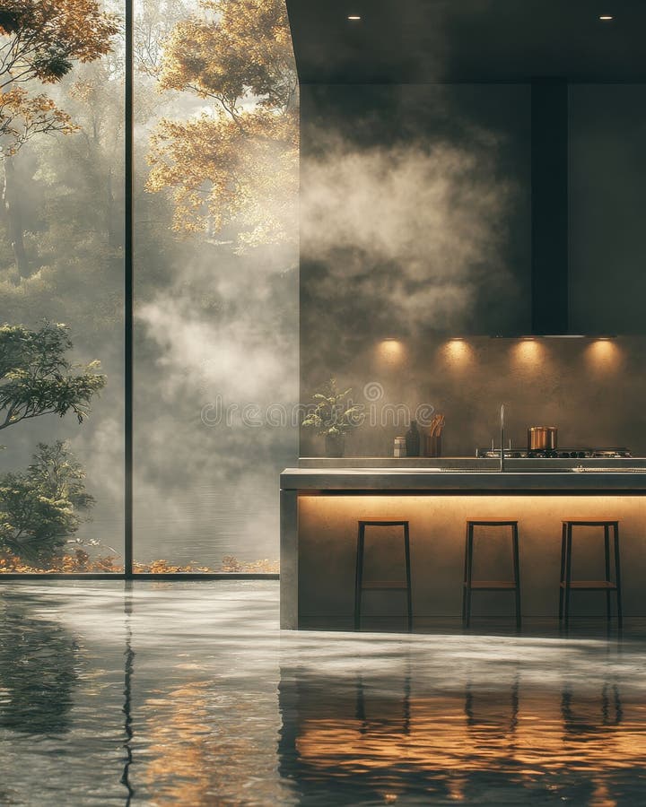 Interior Kitchen with Fog and Large Window Showing Forest and ...