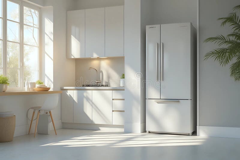 Interior of Kitchen with Modern Fridge, Lights Shadow from Window and ...