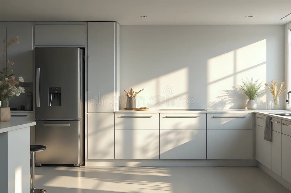 Interior of Kitchen with Modern Fridge, Lights Shadow from Window and ...