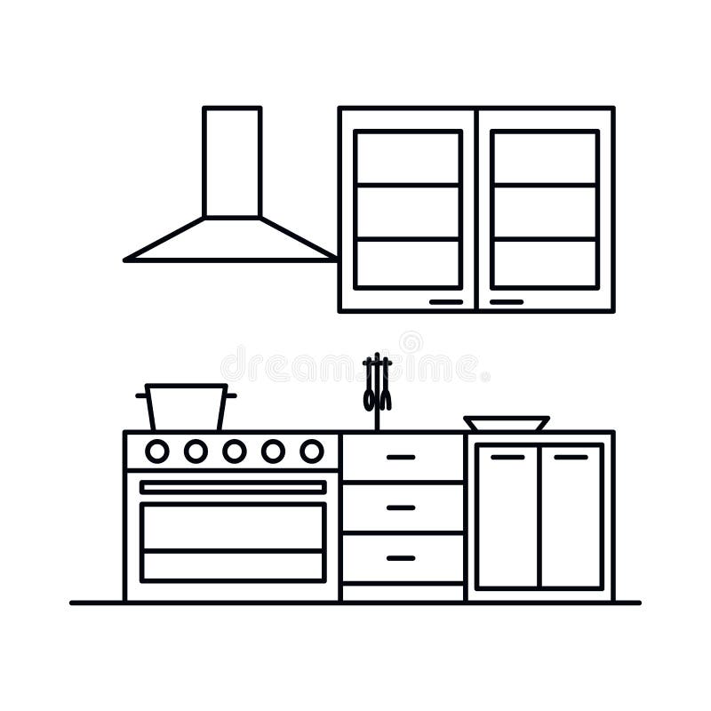 Interior with Kitchen in Outline Style Stock Vector - Illustration of ...