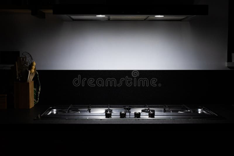 Interior Kitchen Stove at Night Illuminated by a White Led Light ...