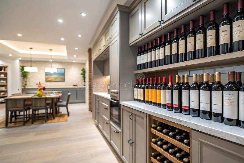 Interior of Kitchen with Wine. Kitchen with Rows of Wine Bottles in ...