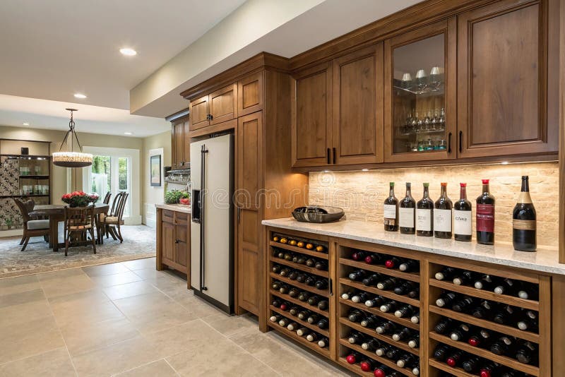 Interior of Kitchen with Wine. Kitchen with Rows of Wine Bottles in ...