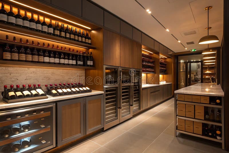 Interior of Kitchen with Wine. Kitchen with Rows of Wine Bottles in ...
