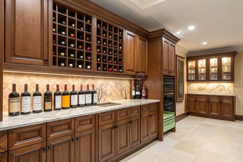 Interior of Kitchen with Wine. Kitchen with Rows of Wine Bottles in ...