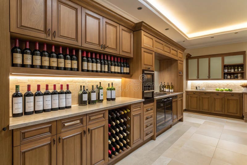 Interior of Kitchen with Wine. Kitchen with Rows of Wine Bottles in ...