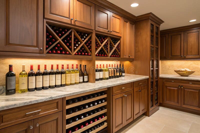 Interior of Kitchen with Wine. Kitchen with Rows of Wine Bottles in ...