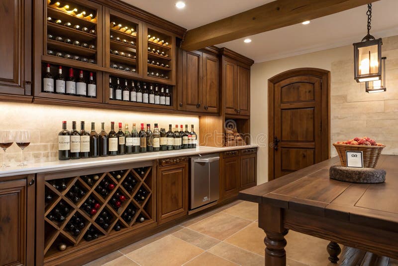 Interior of Kitchen with Wine. Kitchen with Rows of Wine Bottles in ...