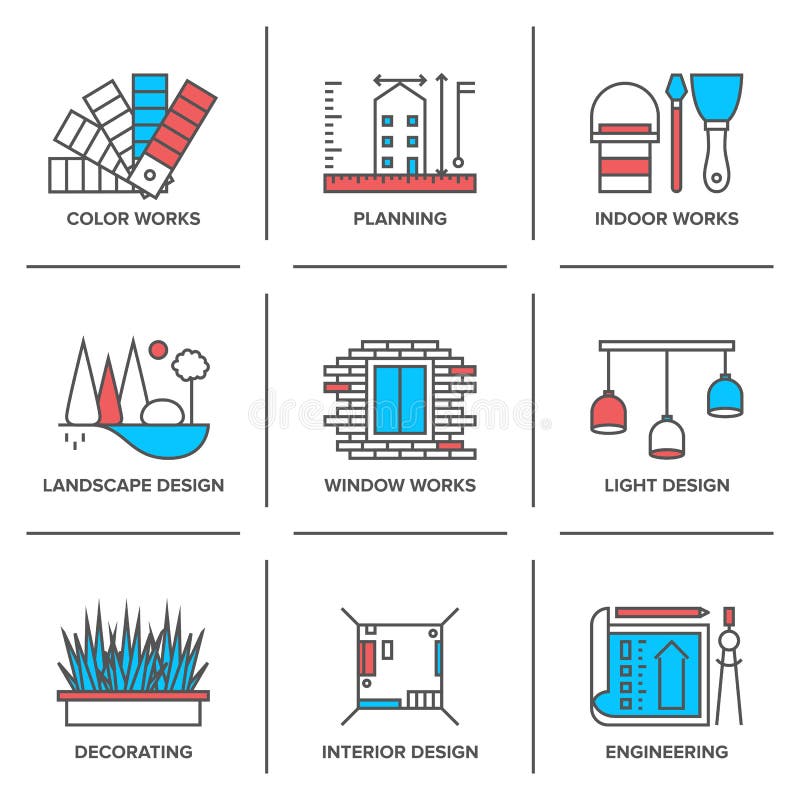 Interior and Landscape Design Line Icons Set Stock Vector ...