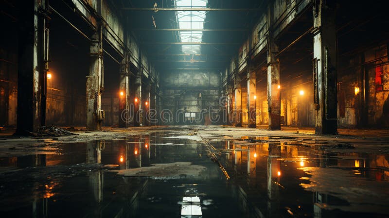 The Interior of a Large Abandoned Warehouse. AI Generated. Stock ...