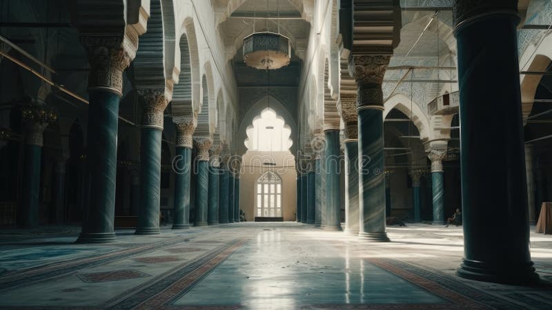 The Interior of a Large and Beautiful Mosque with Blue Marble Columns ...