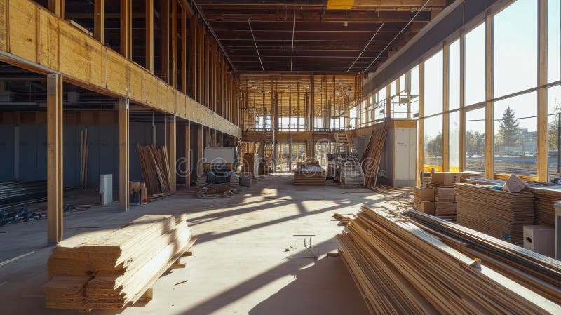 Interior of a Large Construction Site Filled with Wooden Materials ...