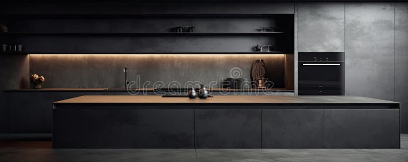 Interior Large Dark Kitchen Stock Illustration - Illustration of grey ...
