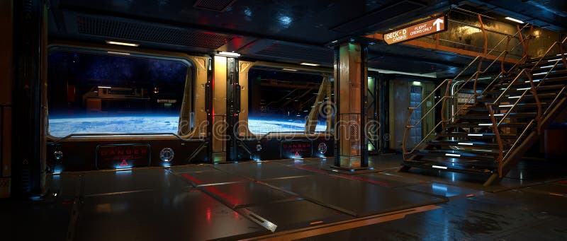 Interior of a Large Fantasy Space Ship with View of a Planet through ...