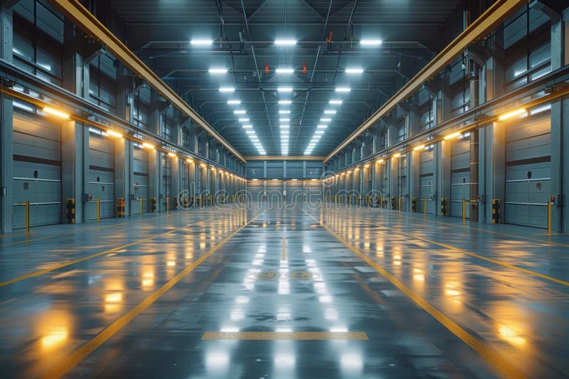 The Interior of a Large, Modern Warehouse with Bright Lights and Large ...