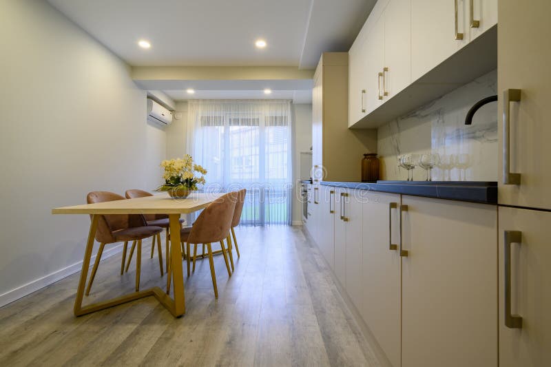 Large Beige and Cream Luxury Kitchen Interior Stock Image - Image of ...