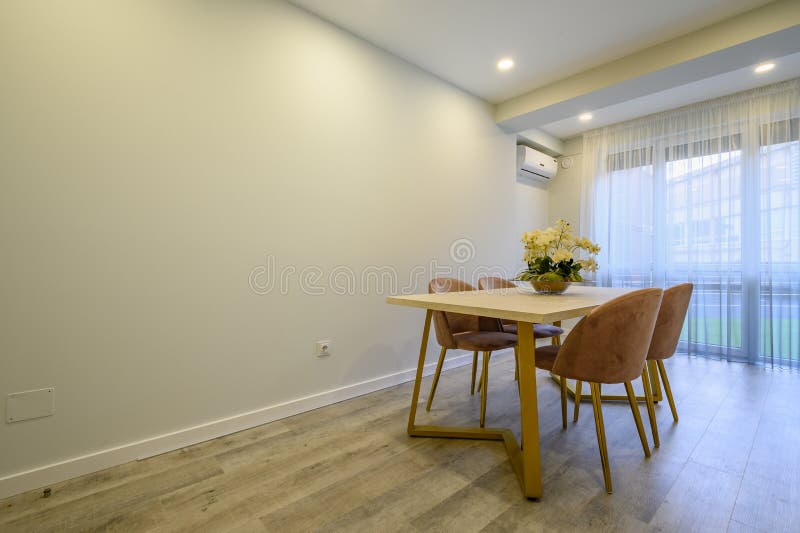 Large Beige and Cream Luxury Kitchen Interior with Empty Wall Stock ...