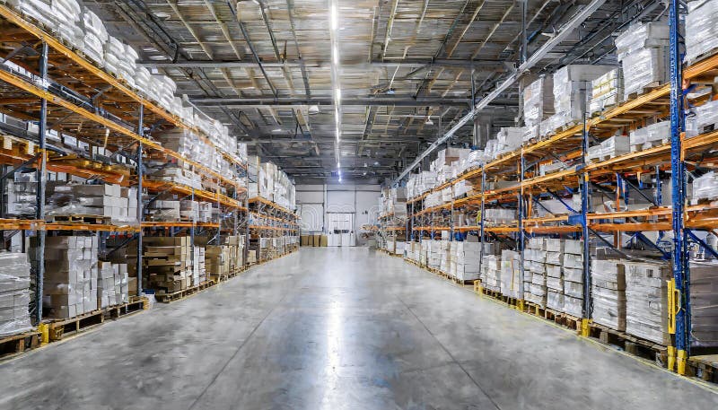 Interior of a Large Warehouse with Shelves Full of Products. Generative ...