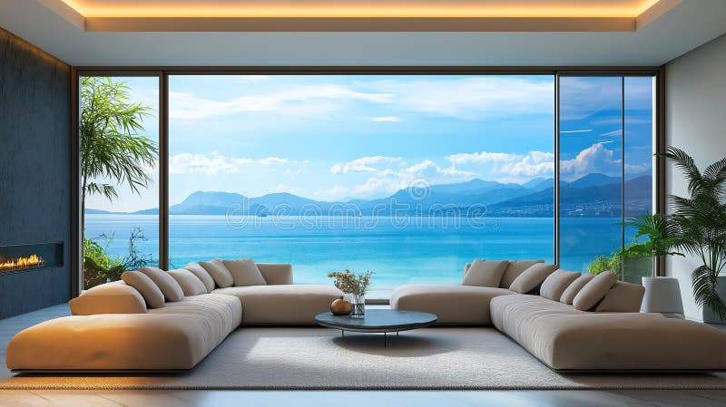 Interior with Large Window Sea View Stock Photo - Image of modern ...