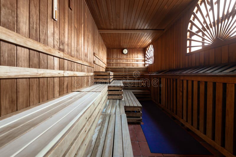 Interior of Large Wooden Sauna Stock Image - Image of health, comfort ...