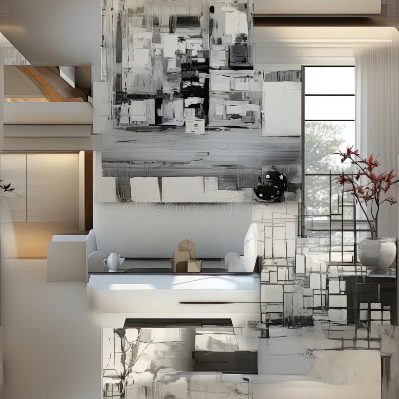 Interior with Layered Translucency and Artwork on the Walls (tiled ...